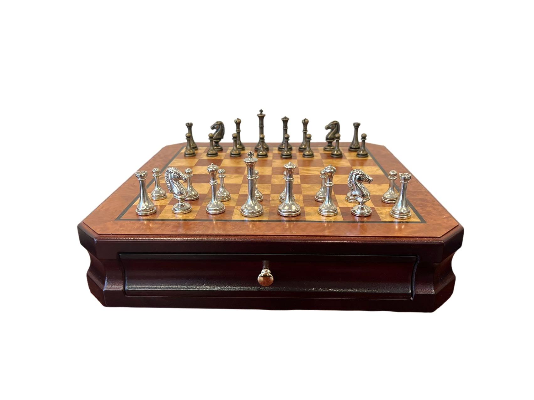 35.5cm Chess Set Wooden Timber Board Drawer Design Metal Pieces – auloves